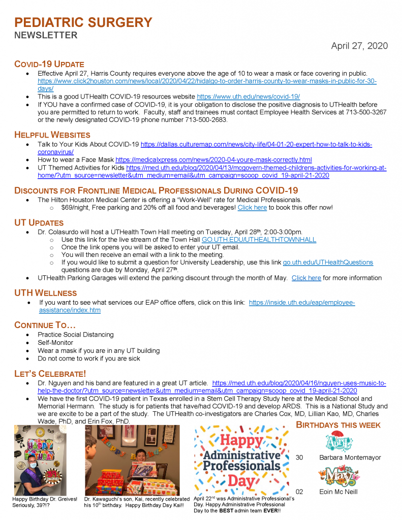 April 27: Pediatric Surgery Newsletter | McGovern Medical School